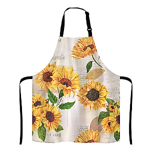 Lefolen Watercolor Sunflowers Adjustable Bib Apron,Vintage Style Floral Print Cooking Kitchen Apron for Men Women