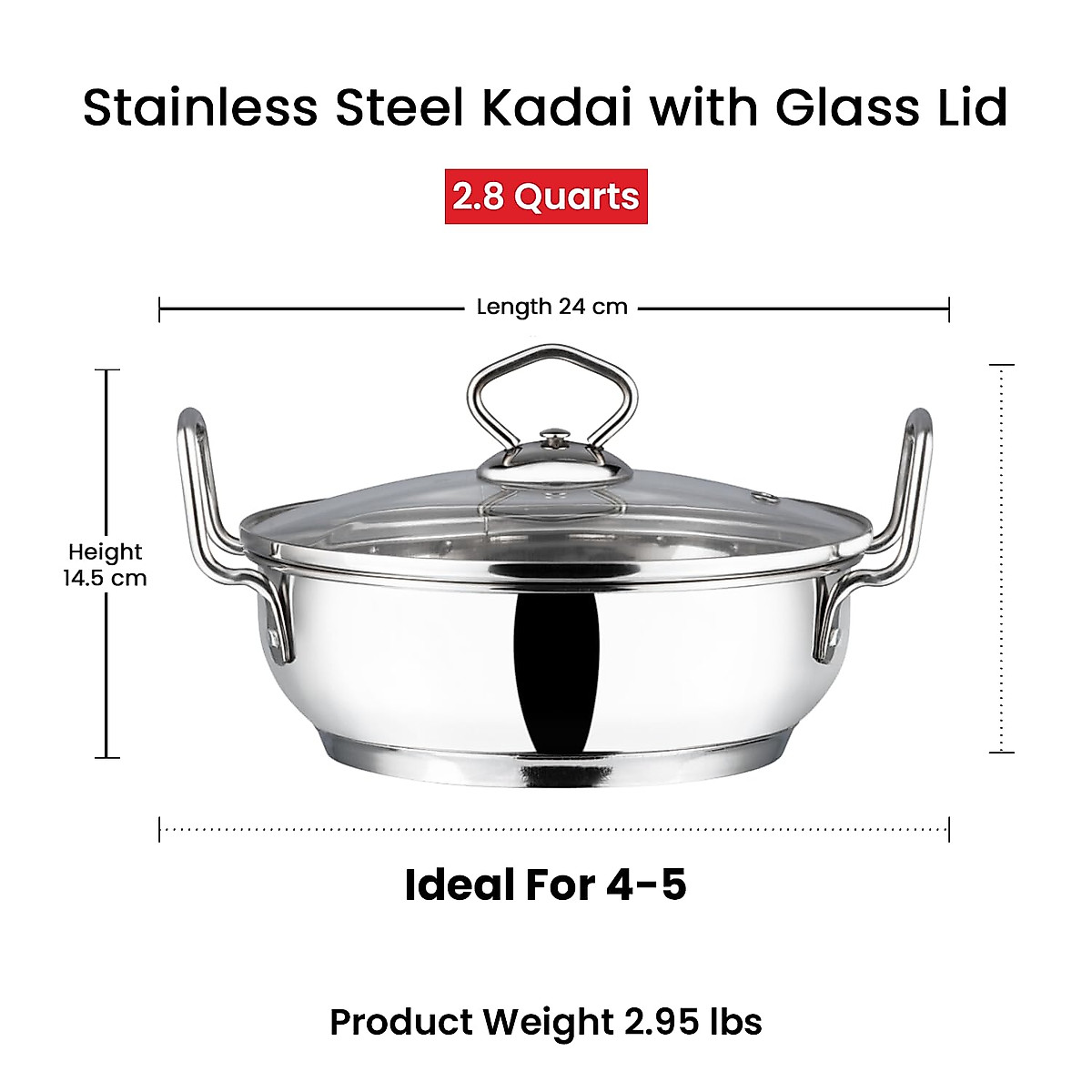Vinod Cookware Induction Friendly Kadai With Lid Silver 3.4 Litres, Stainless Steel, IKD 24