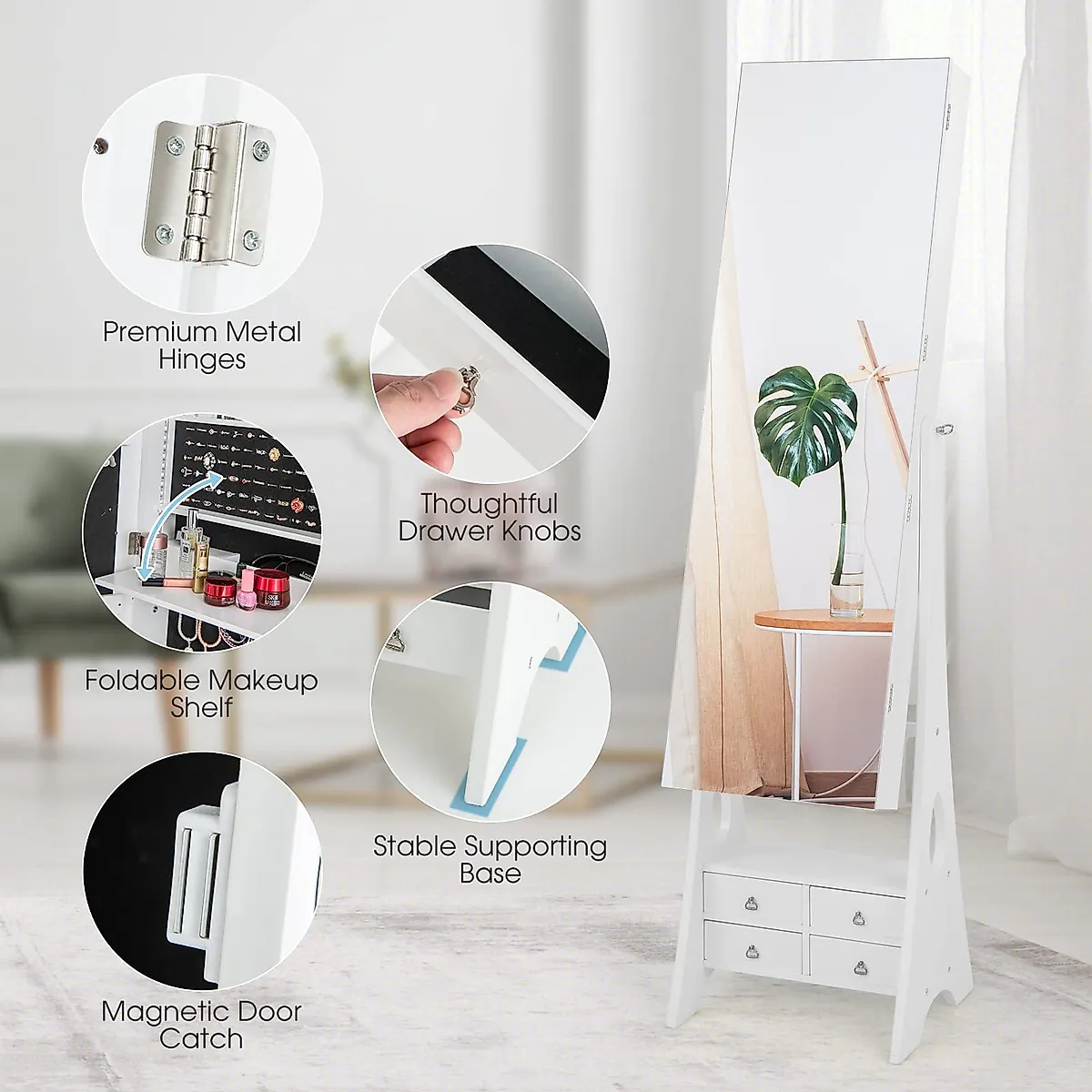 GOFLAME Jewelry Cabinet Freestanding, LED Lighted Jewelry Armoire with Full-length Frameless Mirror, Foldable shelf, 6 Drawers, Lockable Mirrored Jewelry Cabinet with 3 Adjustable Angle (White)