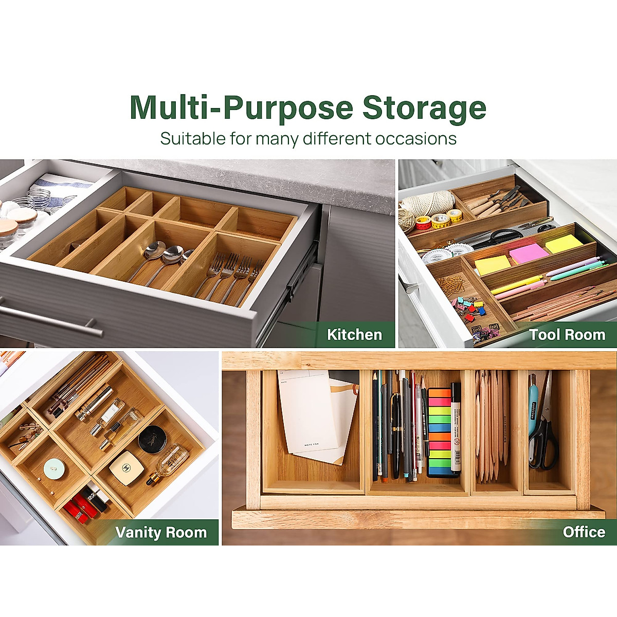 Kootek 8 Pcs Bamboo Drawer Organizer Utensil Tray Kitchen Storage Box 4-Size Versatile Dividers Cutlery Holders Bins Containers for Flatware Kitchen Utensils