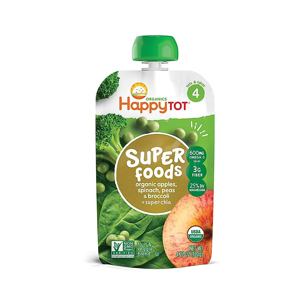 HAPPYTOT Organics Super Foods Stage 4, Apples Spinach Peas & Broccoli + Super Chia, 4.22 Ounce Pouch (Pack of 16) packaging may vary