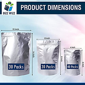 100pcs Mylar Bags for food storage with 300cc oxygen absorbers & Labels- 9.5 Mil Thick variety pack of 10"x14", 6"x9", 4"x6" reusable zip lock bags