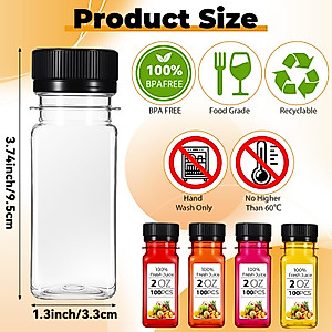 50 Pcs 2oz Clear Plastic Bottles, Mini Juice Bottle with Black Screw Lid, Juice Bottles Empty Reusable Liquid Vial Freezer Safe Drinking Beverage Container Leak Proof for Juice Milk Water Beverages