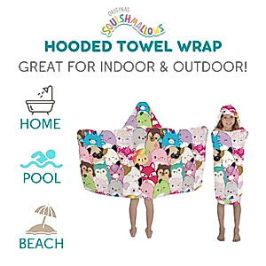 Franco Squishmallows Super Soft Cotton Bath/Pool/Beach Towel, 58 in x 28 in & Squishmallows Kids Bath/Pool/Beach Soft Cotton Terry Hooded Towel Wrap, 24 in x 50 in