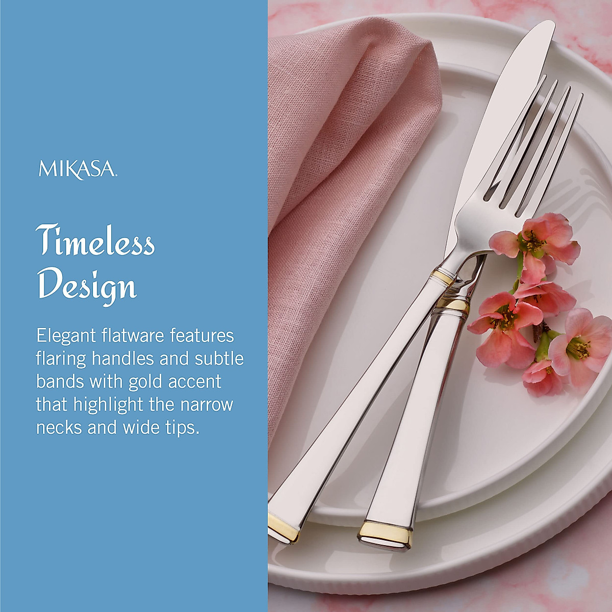 Mikasa Harmony 65-Piece Stainless Steel Flatware Set with Serveware, Service for 12, Gold-Accent
