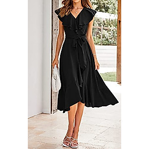 PRETTYGARDEN Women's Summer Wrap Maxi Dress Casual Boho Deep V Neck Short Sleeve Ruffle Hem Split Beach Long Dresses (Black,Large)