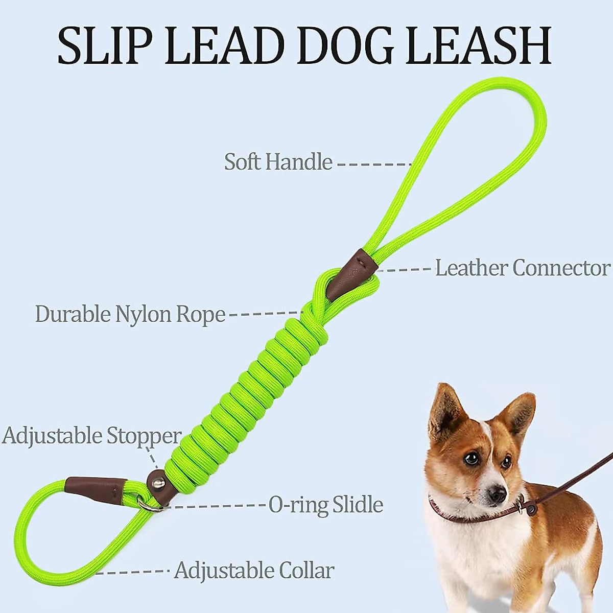 MayPaw Slip Lead Control Leash for Dogs No Pull, 13+ Colors Classic Dog Leash 7 FT Pet Slip Leash, 1/4” Rope Leash for Small Medium Animals (7ft*1/4", Green)