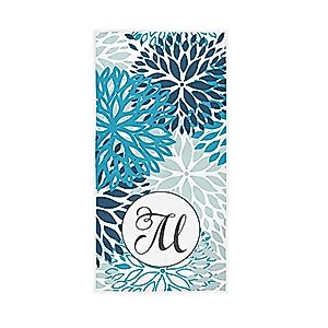 Oreayn Monogrammed Hand Towel for Bathroom Kitchen Polyester and Cotton 30 x 15 inch Soft and Absorbent, Blue and Navy Chrysanthemum Flowers Pattern, Monogram Letter M