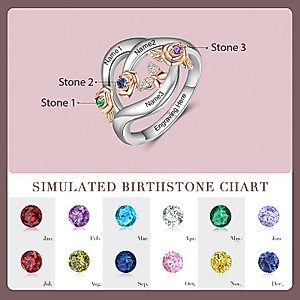 LanM Mothers Day Gifts Mothers Rings with 3 Birthstones Rose Ring Personalized Sterling Silver Custom Mom Ring with Name Gift for Wife Grandmother Family