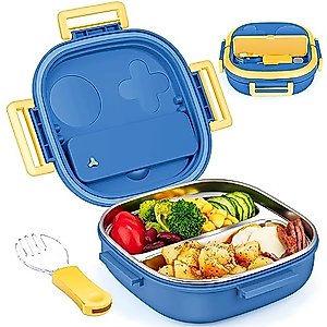 PEDECO Stainless Steel Kid Bento Box,4-Sided Lock Catch,Leak-Proof,2-Compartment,Lunch Box With Portable Cutlery-Ideal Portion Sizes (500ML) for Kids/Toddler-BPA-Free,Dishwasher Safe(Blue)