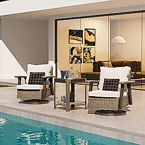 MeetLeisure 3-Piece Patio Wicker Bistro Set - Outdoor Porch Swivel Rattan Chairs Set of 2 with Matching Coffee Table & Premium Fabric Cushion, Beige