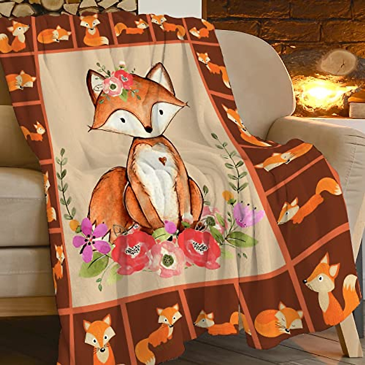 Fox Blanket for Girls Cozy Fluffy Cute Fox Floral Fleece Throw Blanket Soft Warm Plush Fuzzy Cartoon Foxes Animal Lightweight Flannel Gifts Blanket Adult Kids 50"X40"