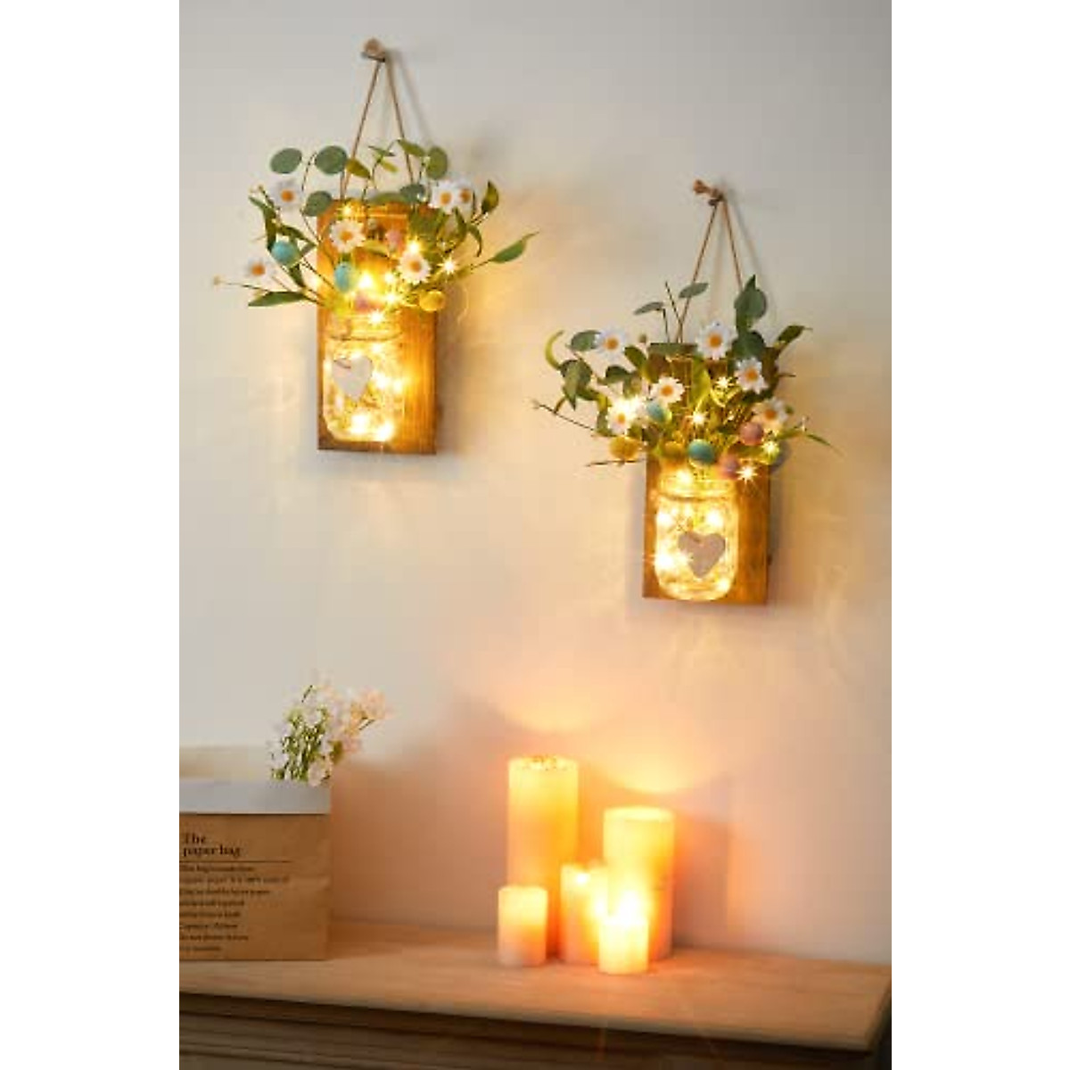 2 PACK Easter Decorations, Party Joy Easter Decor Mason Jar Sconces Rustic Wall Decor for Living Room Bathroom with Remote Control LED Fairy Lights and Artificial Flowers Spring Decorations for Home