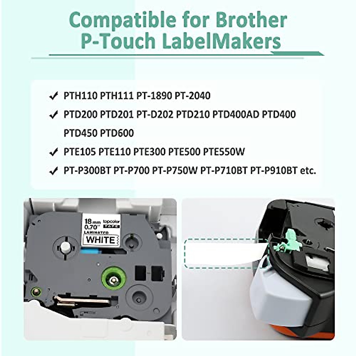 Topcolor 6-Pack Tz 18mm 0.7" Laminated Tape Compatible for Brother TZe-141 TZe-241 TZe-441 TZe-541 TZe-641 TZe-741 P Touch Tze 18mm Label Tape 3/4" for PTD410 PTD400 PTD610BT PTD600 PTD450 PTP750W