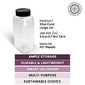 Pride Of India Large Clear Plastic Spice Jars w/Dual Sifter Cap | Food Grade BPA Free USA Made | 32 Fluid Ounce Capacity