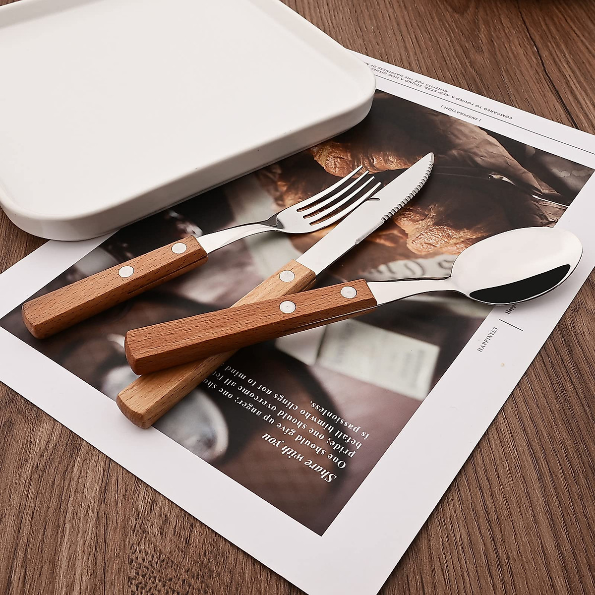 Reusable Wood Handle Flatware Set for 8 - Uniturcky 304 Stainless Steel Silverware Set Includes 8 Each Forks Spoons and Knives - Eating Utensils Cutlery Set for Home Restaurant (24PCS, Log)