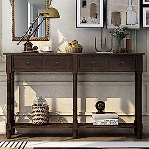 P PURLOVE Wood Slim Console Table with Drawer 58 Inch Long Sofa Table with Bottom Shelf for Living Room Bedroom Hallway Entryway