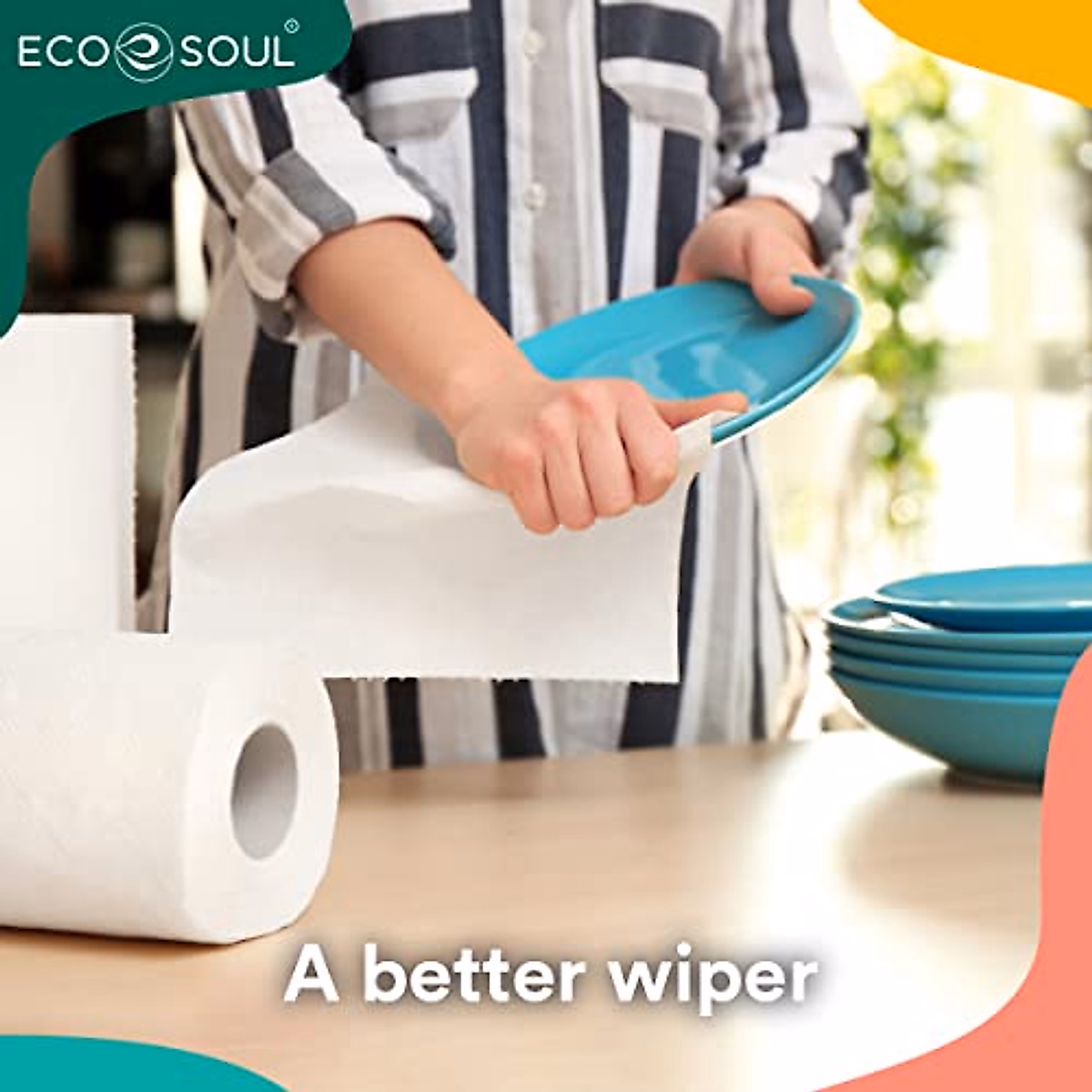 ECO SOUL 100% Bamboo Kitchen Paper Towel Set of 6 Rolls | 900 sheets, 150 sheets per roll | 2 Ply Ultra Absorbent, Eco-friendly, Sustainable, Soft Paper Towel, Food Safe