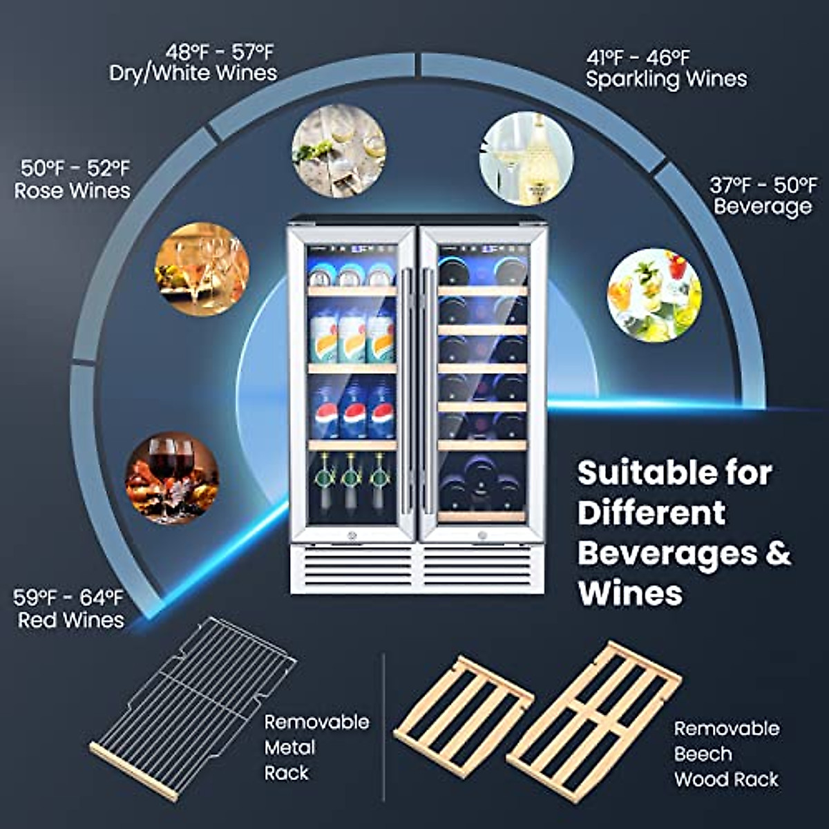COSTWAY Wine and Beverage Refrigerator, 24 Inch Dual Zone Under Counter Wine Cooler w/Lock, 19 Bottles & 57 Cans Beverage Fridge Cooler, Built-In or Freestanding Beer Wine Fridge for Home Kitchen Bar