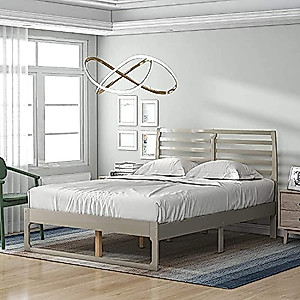STP-Y Full Size Platform Bed, Rockjame Wooden Bed Frame with Headboard, Mattress Foundation with Strong Slat Support, Perfect House Bedroom Furniture (White) (Color : Grey)