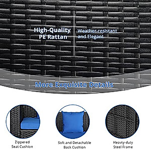 VINGLI Heavy Duty 800 LBS Wicker Hanging Porch Swing with Cushions & Chains, 4FT Outdoor Rattan Swing Bench for Garden, Yard, Lawn (Black+Blue)