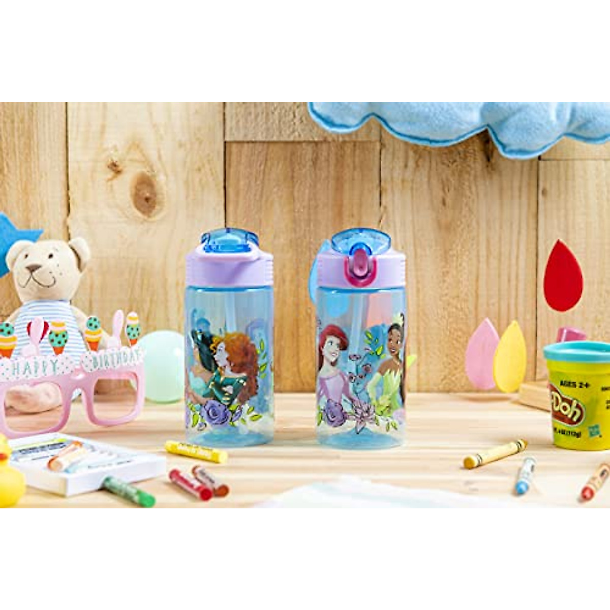 Zak Designs Kids Durable Plastic Spout Cover and Built-in Carrying Loop, Leak-Proof Water Design for Travel, (16oz, 2pc Set), Disney Princess