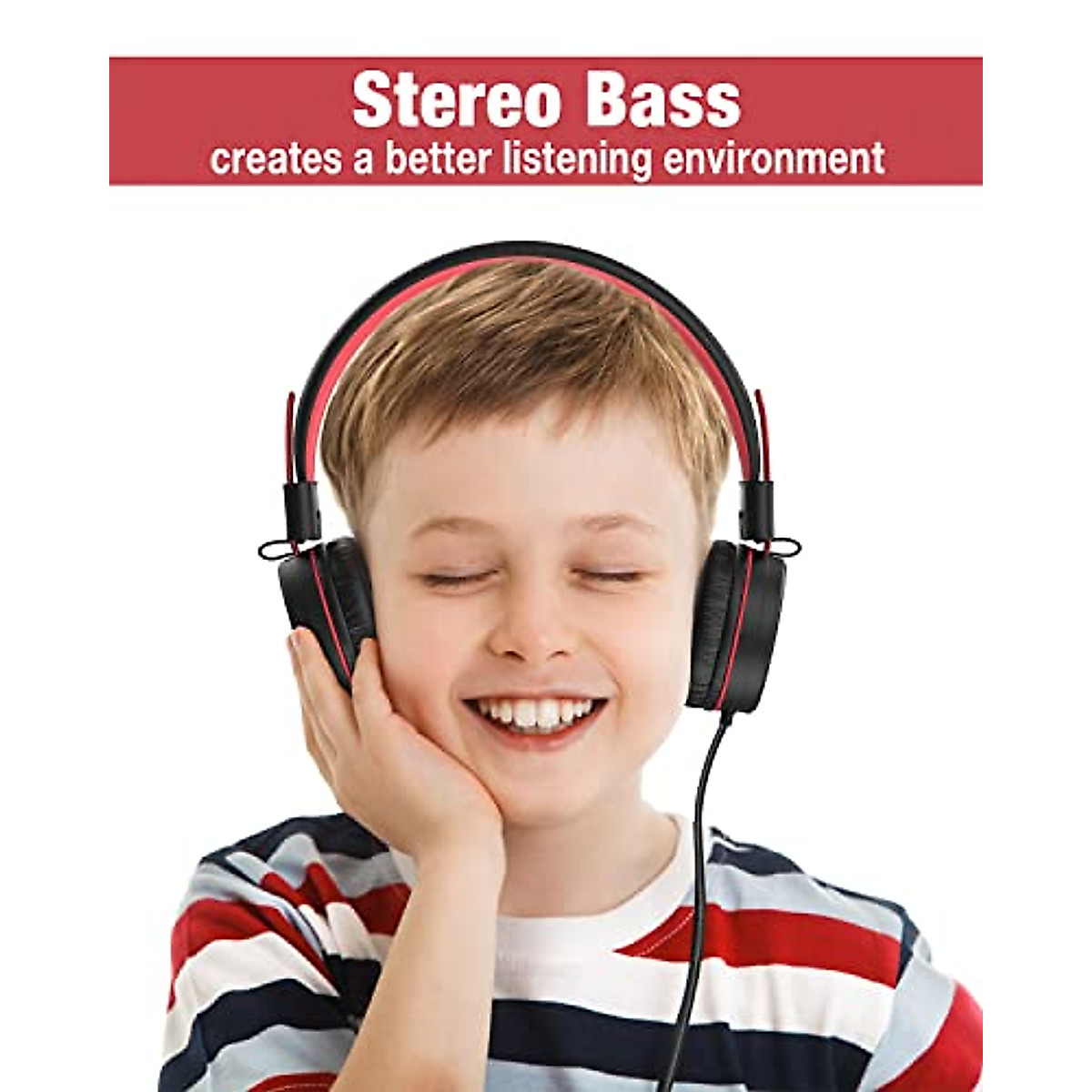 Eposy Kids Headphones, E10 Wired Headphones for Kids Foldable Stereo Bass Headphones with Adjustable Headband, Tangle-Free 3.5 mm Jack for School, On-Ear Headset for Boys Girls Cellphones(Black/Red)