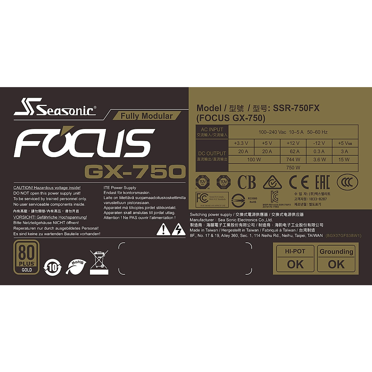Seasonic FOCUS GX-750 - 750W - 80+ Gold - Full-Modular - ATX Form Factor - Low Noise - Premium Japanese Capacitor - 10 Year Warranty - Nvidia RTX 30/40 Super & AMD GPU Compatible (Ref. SSR-750FX)