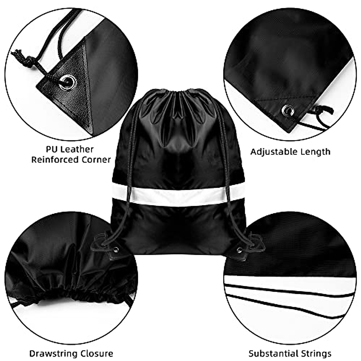 GoodtoU Draw String Sport Bag 10 Pcs Reflective Drawstring Backpack Gym Cinch Bag Black Nylon Drawstring Bag Bulk