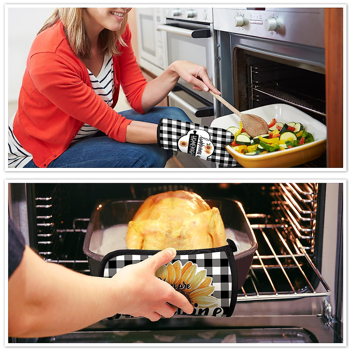 Rtteri 5 Pieces Buffalo Plaid Kitchen Towels Oven Mitts and Pot Holder Set Black and White Kitchen Towels Oven Gloves and Hot Pads Pot Holders for Farm House Kitchen Accessories and Decor (Sunflower)