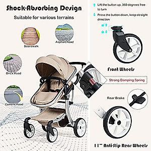 BABY JOY 2-in-1 High Landscape Baby Stroller, Reversible Bassinet Reclining Stroller, Foldable Push Chair w/Adjustable Canopy, Storage Bag, Foot Cover, Rain Cover & Net, Aluminum Alloy Frame (Beige)