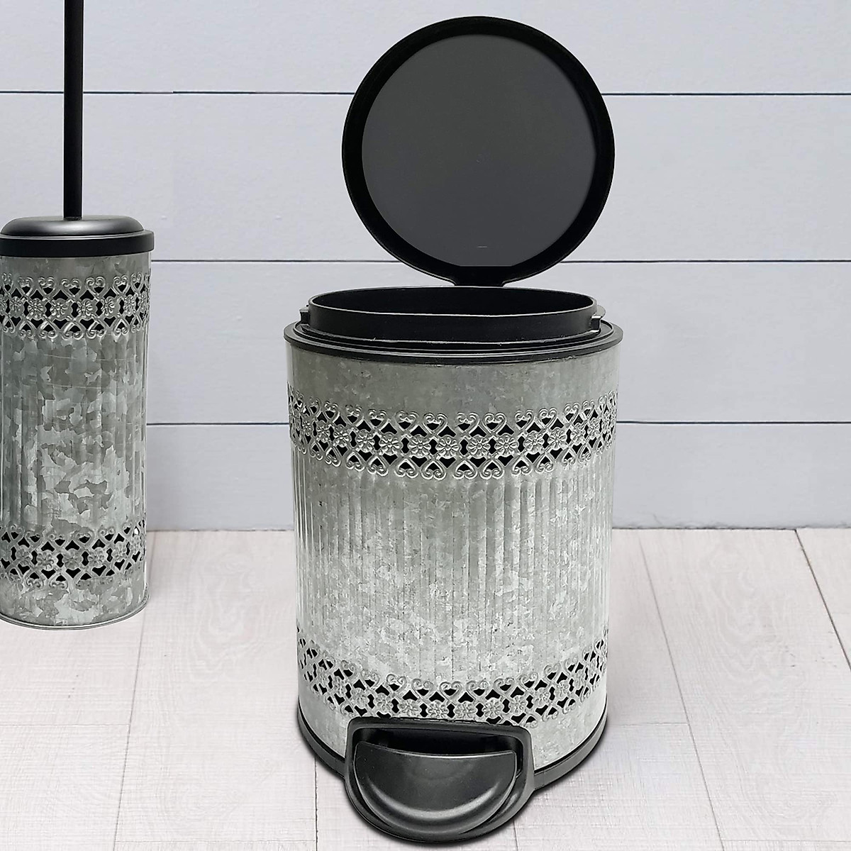 nu steel Laser Cut Galvanised Steel Step Garbage Trash Can & Toilet Brush Holder with Lid: 5 Liter/1.32 gal for The Kitchen, Bathroom, Bedroom, Patio, RV