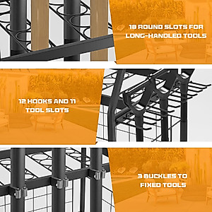Rengue Large Garden Tool Organizer 3 Tier Yard Tool Rack with Slots & Hooks, Heavy Duty Metal Shelf Yard Tool Holder, Utility Stand Rack for Garage Organization and Storage for Garage, Backyard, Lawn