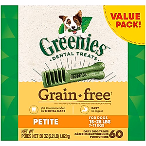 GREENIES Grain Free Petite Natural Dog Dental Care Chews Oral Health Dog Treats, 36 oz. Pack (60 Treats)