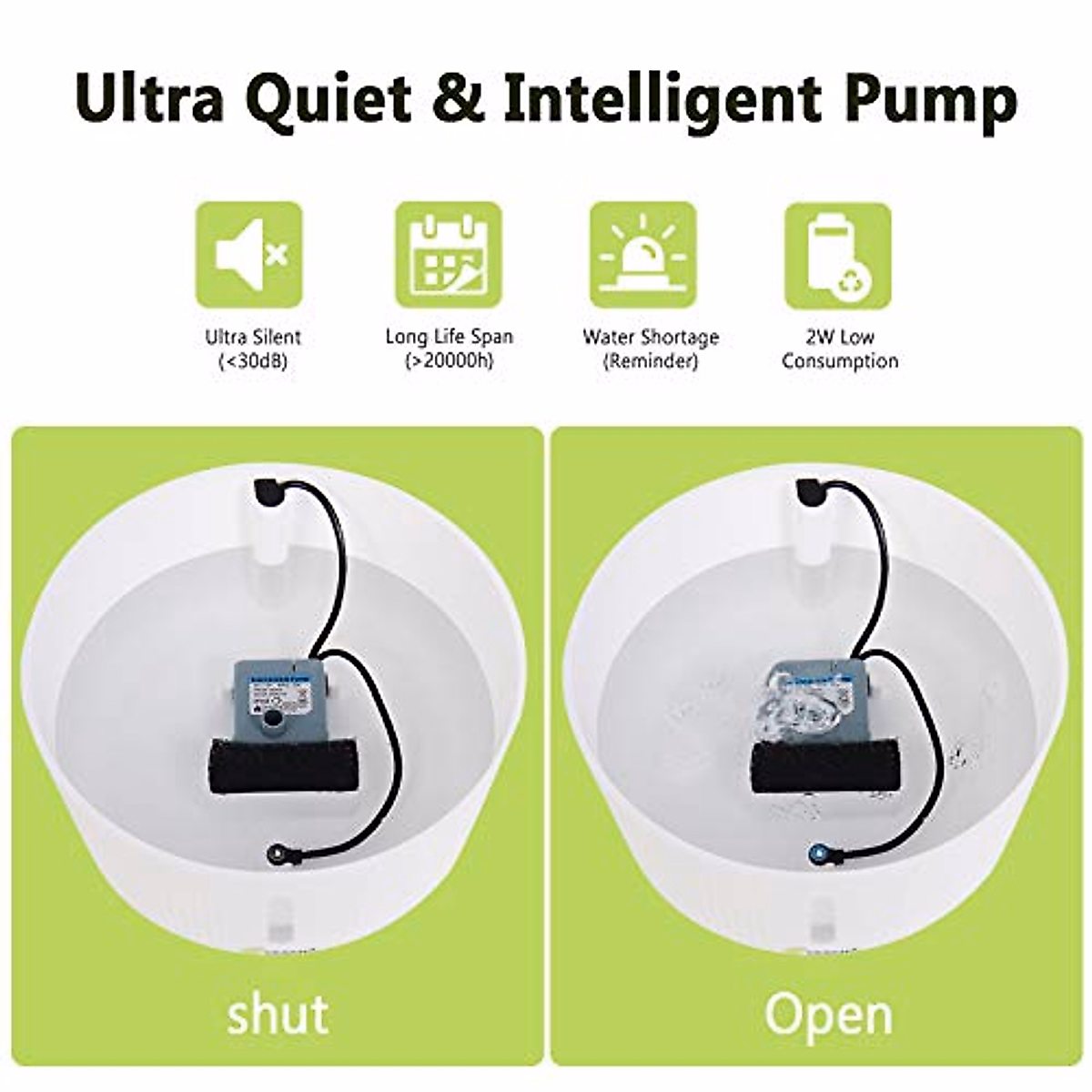 YEACHA Cat Water Fountain, Dog Water Dispenser with Replacement Filter, 88oz/2.5L Drinking Fountains Bowl with LED Light for Cat and Small Dogs, Multiple Pets, with 120-240V Adapter Light Green