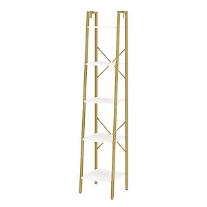 Hzuaneri Ladder Shelf, Bookshelf Bookcase, Freestanding Corner Storage Shelve with 2 Hooks for Home Office, Living Room, Kitchen, Bedroom, Industrial, 5-Tier White Gold BC03213G
