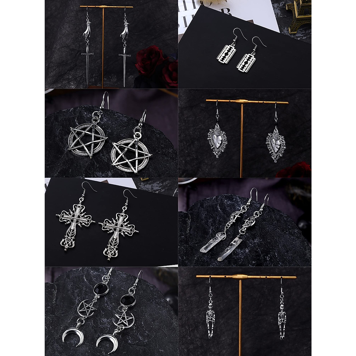 16 Pairs Gothic Earring for Women Grunge Punk Vintage Earrings Set Goth Snake Harajuku Style Evil Eye Dangle Retro Silver Earrings Harajuku Style Trendy Punk Rock Earrings for Halloween Girls Teen