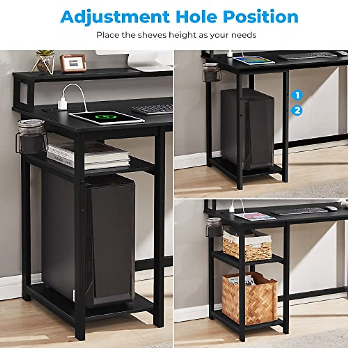 GreenForest Computer Desk with USB Charging Port and Power Outlet, Reversible Small Desk with Monitor Stand and Storage Shelves for Home Office, 40 in Work Desk with Cup Holder Hook, Black