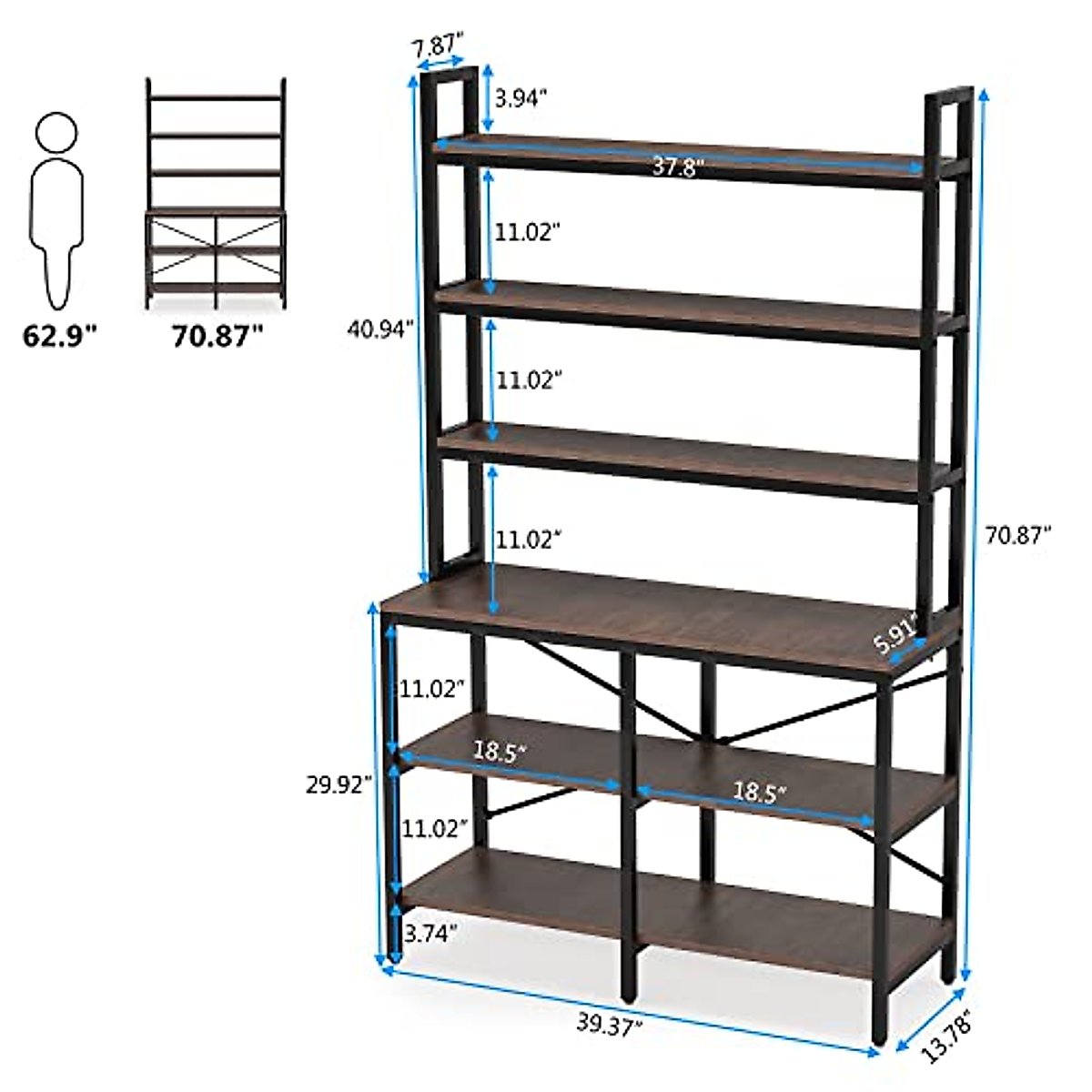 LITTLE TREE 6-Tier Tall Bookshelf with X-Shaped Frame, Industrial Bookcase with Storage, Utility Stand Shelf
