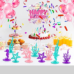 Prasacco 22 Pcs Mermaid Birthday Decorations, Felt Table Centerpiece DIY Under The Sea Party Decoration Seahorse Starfish Seaweed Coral Decoration for Ocean Theme Mermaid Birthday Party Baby Shower
