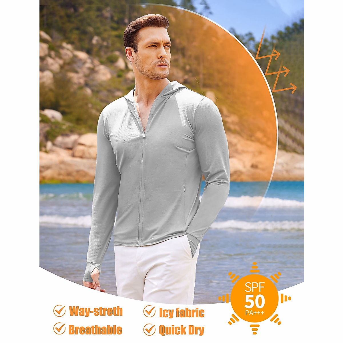 COOFANDY Men's Hoodie Long Sleeve Zip Front Shirts SPF UV Thumbholes Comfortable Jacket with Zipper Pockets Light Gray