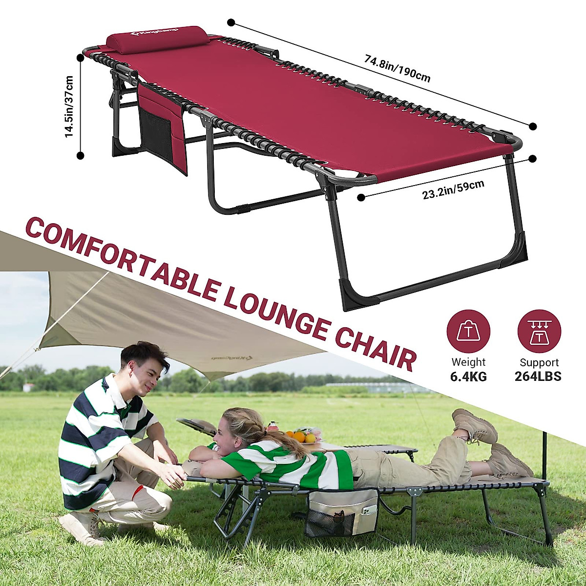 KingCamp Folding Outdoor Chaise Lounge Chair, 5-Position Adjustable for Beach, Sunbathing, Patio, Pool, Lawn, Lay Flat Portable Heavy-Duty Camping Reclining Chair with Shoulder Strap Side Pocket, Wine