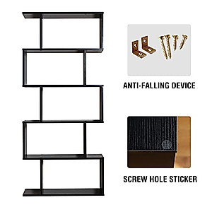 TinyTimes 5-Tier Wooden Bookcase, S-Shape Display Shelf and Room Divider, Freestanding Decorative Storage Shelving, 63'' Tall Bookshelf -Black