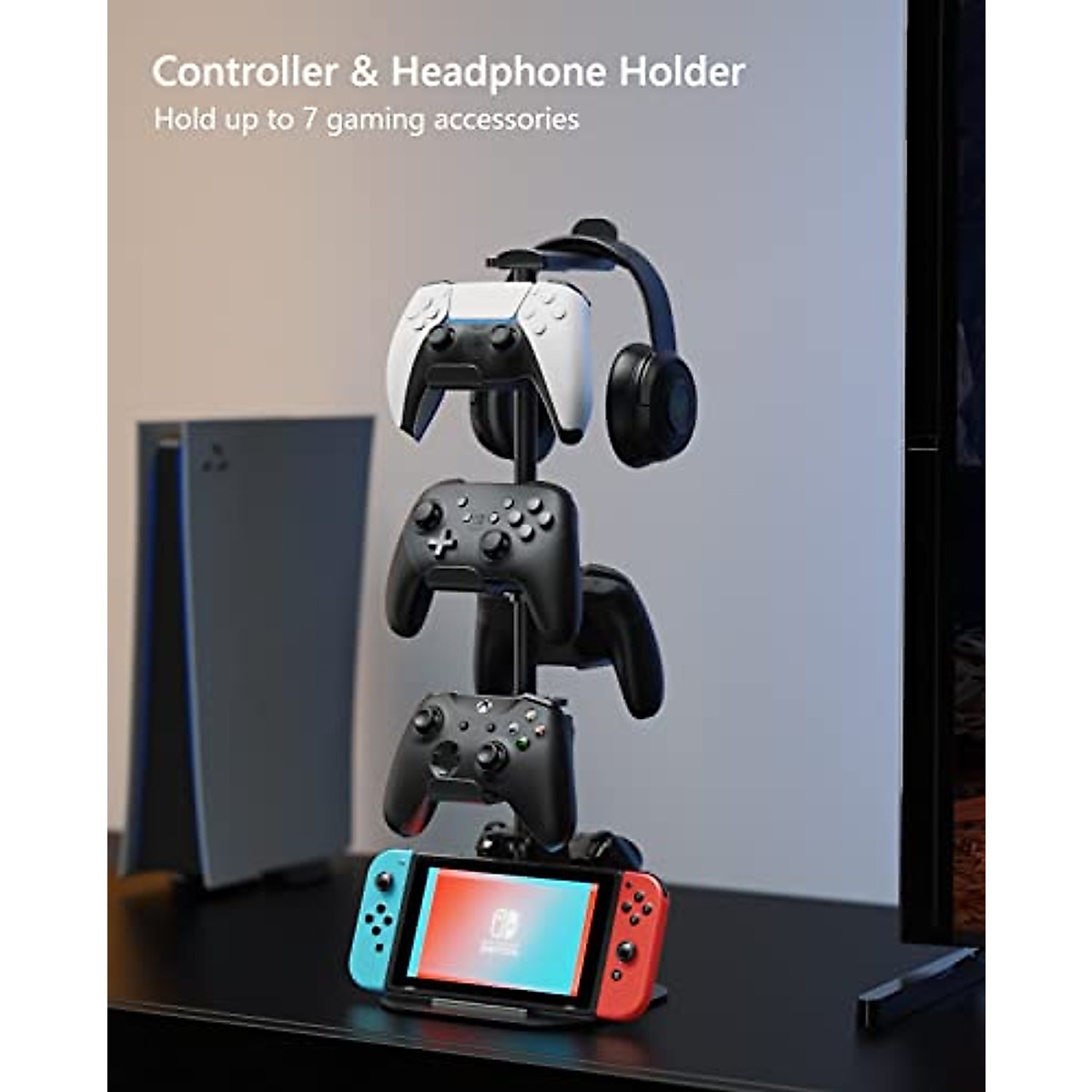 MiiKARE Controller Holder 6 Tiers with Headphone Holder, Adjustable Gaming Controller Headset Stand, Game Controller Stand for All Xbox PS4 PS5 Switch Pro Crontroller Gaming Accessories - Black
