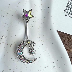 Pierce2GO Crystal Moon Belly Button Ring - 14G Surgical Steel Belly Button Ring Moon Pendant with Hanging Star - Belly Button Rings Piercing for Women – 7/16” (Silver)