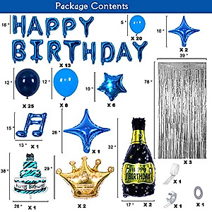 Birthday Decorations Men Happy Birthday Balloons for Women Blue and Gold Bday Party Suppliers with Rain Curtains Girls Boys suit for Age 13th 16th, 18th, 21st, 30th, 40th, 50th, 60th Birthday Decor
