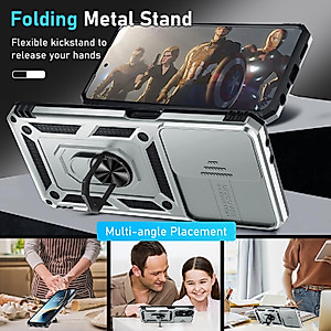 Janmitta Compatible with OnePlus Nord N30 5G Case Built in Slide Camera Lens Cover+Screen Protector+Finger Ring Holder Kickstand,Heavy Duty Shockproof Full Body Protective Phone Cover,2023 Silver