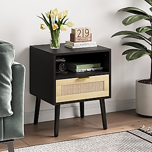 Smuxee Black Rattan Nightstand with Drawer, Boho Large Bedside Table with Open Shelf, Side Table for Bedroom, Study Room