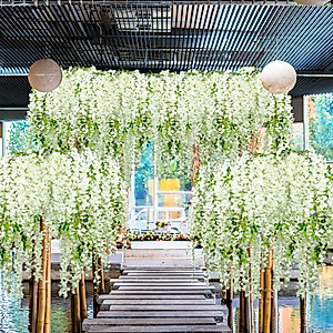 Kmorenew White Wisteria Hanging Flowers - 12 Pack 3.6 Feet/Piece Artificial Fake Wisteria Vine Rattan Hanging Garland Silk Flowers String for Home Party Wedding Garden Outdoor Décor