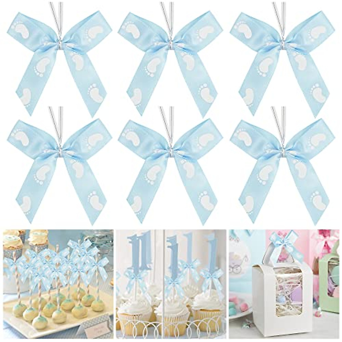AIMUDI Baby Shower Ribbon Twist Tie Bows 2.5" Premade Blue Bows for Baby Shower Decorations for Boy Pre-Tied Baby Blue Bows for Treat Bags Ribbon for Gender Reveal Bows for Gift Wrapping - 50 Counts